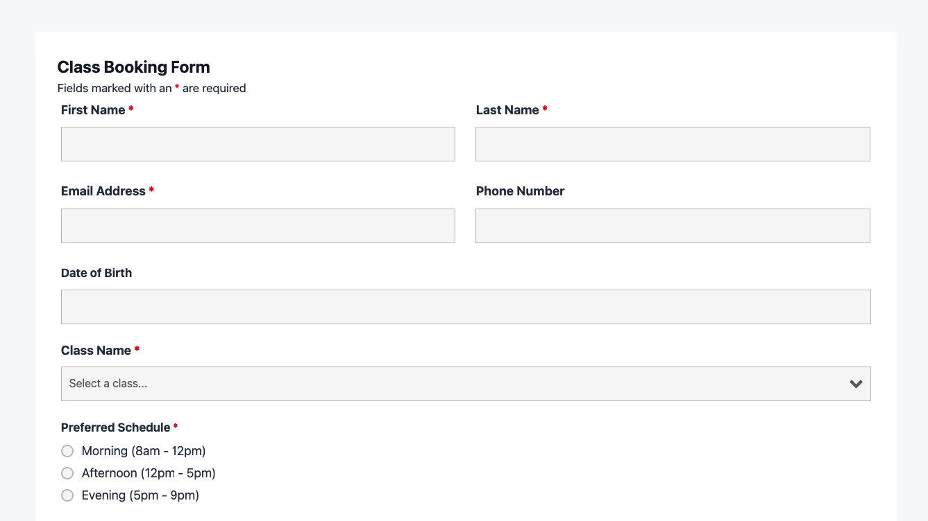 Free Class Booking Form Template - Download | Ninja Forms