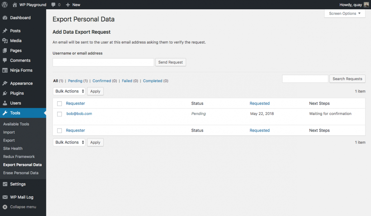 Export Data Request - Ninja Forms
